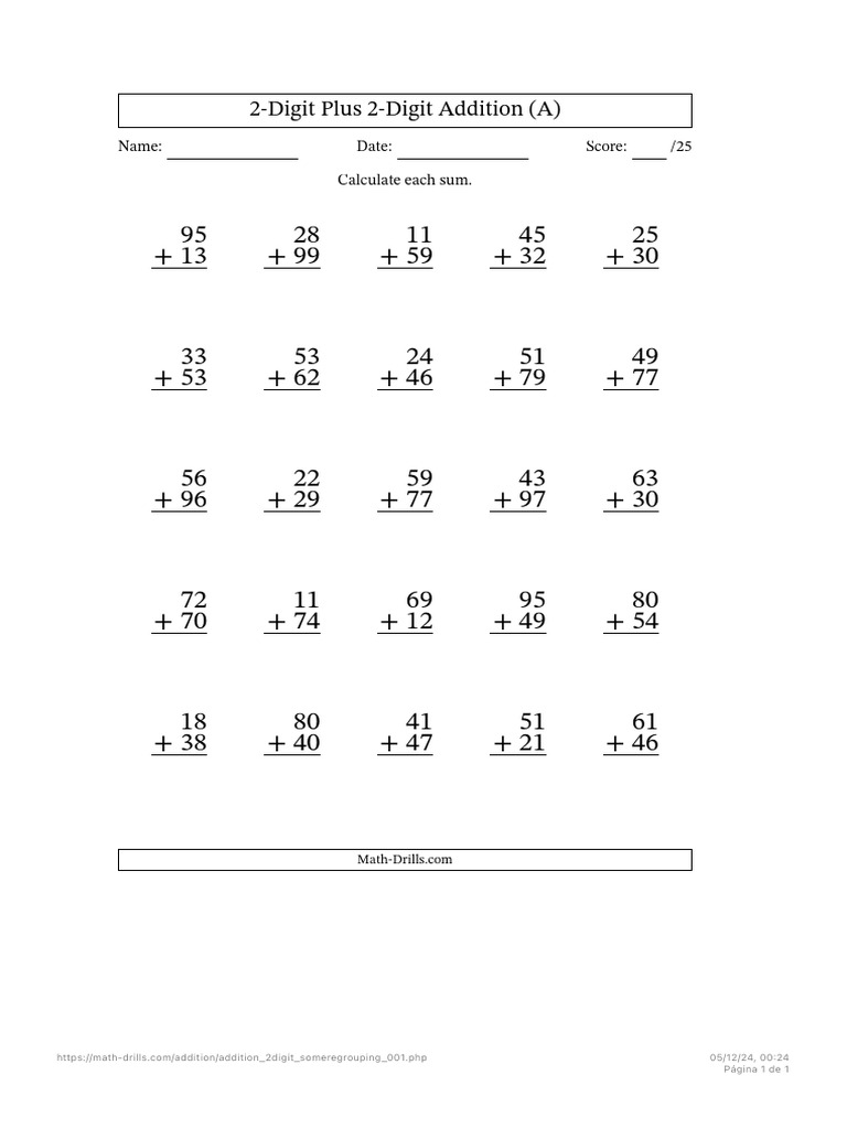 2-Digit Plus 2-Digit Addition With Some Regrouping (25 Questions) (A) | PDF