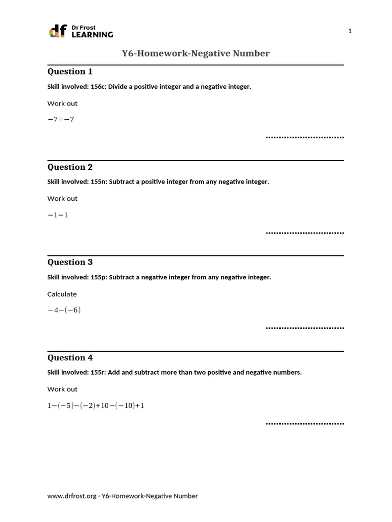Y6 Negative Numbers Homework | PDF | Multiplication | Division (Mathematics)
