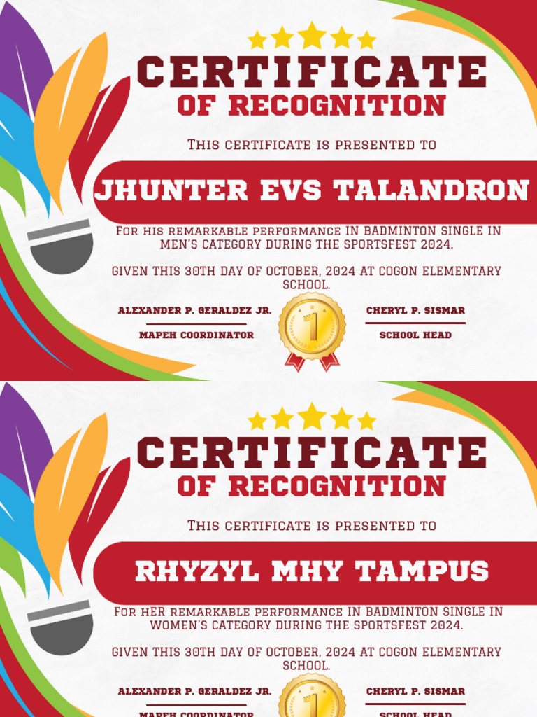 Red and Yellow Modern Illustrative Badminton Sports Recognition Certificate | PDF