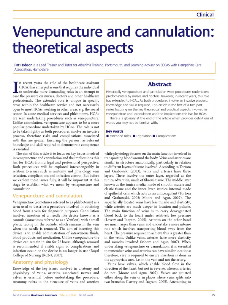 Hobson 2013 Venepuncture and Cannulation Theoretical Aspects | PDF | Vein | Arm