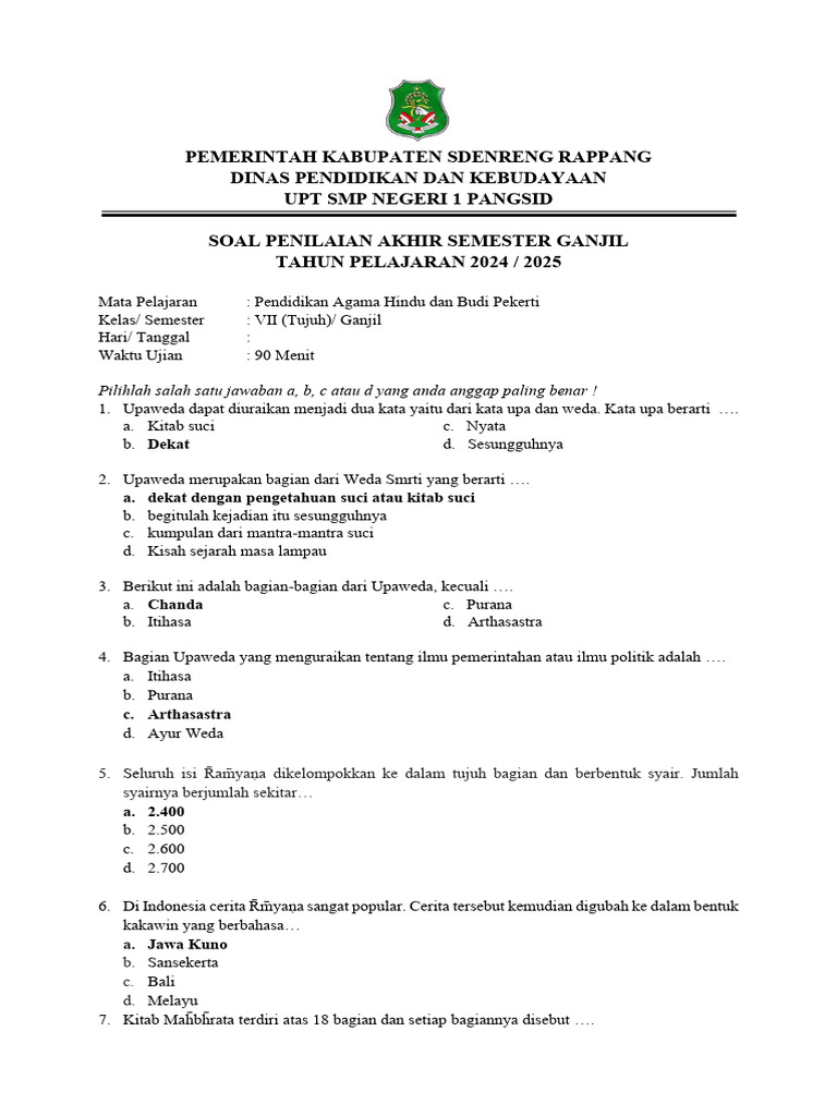 SOAL ULANGAN SEMESTER GANJIL PAH KELAS VII | PDF