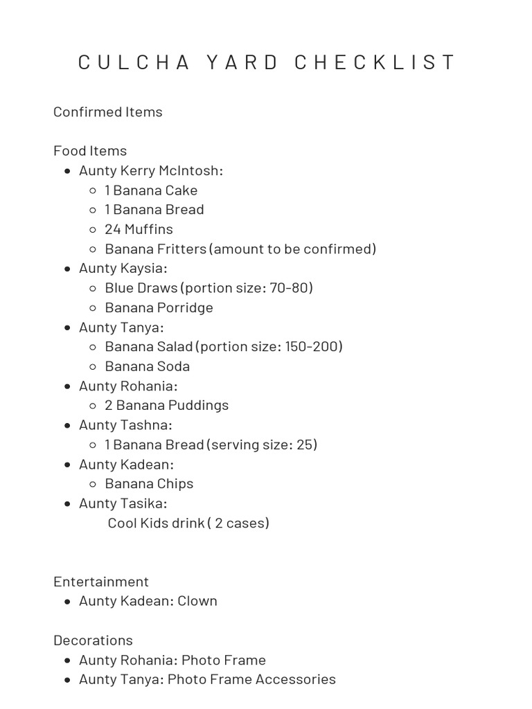 Culcha Yard Checklist | PDF