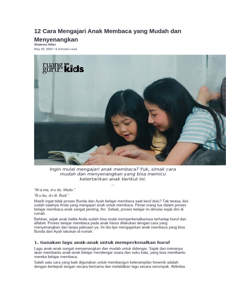 12 Cara Mengajari Anak Membaca yang Mudah dan Meny | PDF