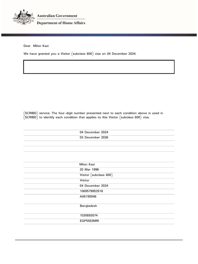 Milon Kazi Australia Visa Subclass 600 Granted Letter 20-03-1996 | PDF ...