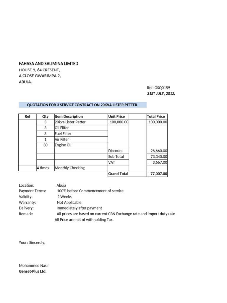 Quotation for 20kVA Generator Service | PDF | Public Finance | Taxation