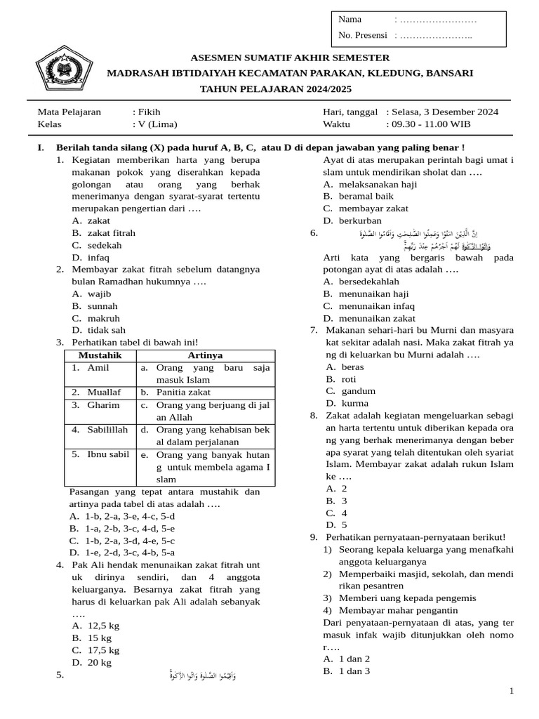 Soal Sas Fikih Kelas 5 2024-2025 | PDF
