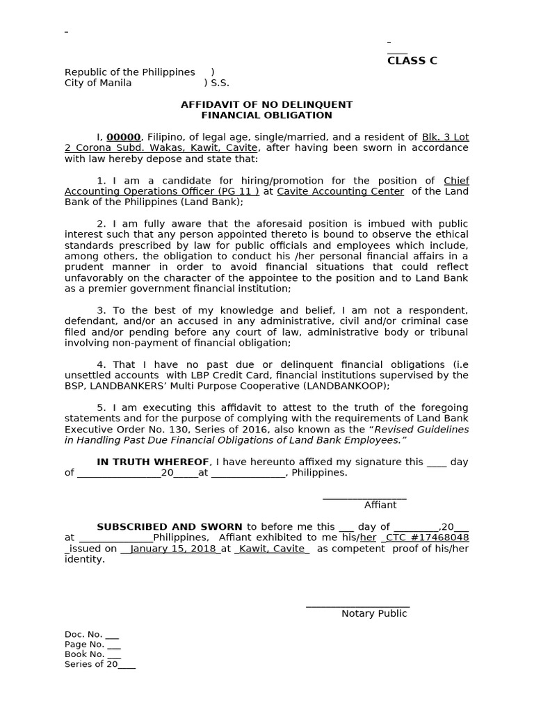 9. Affidavit of No Delinquent Financial Obligation | PDF | Affidavit ...