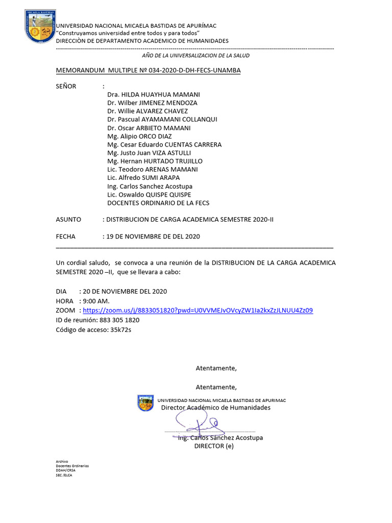 Memo Multiple 034-2020 Distribucion Carga Academica Sem Acad 2020-Ii | PDF