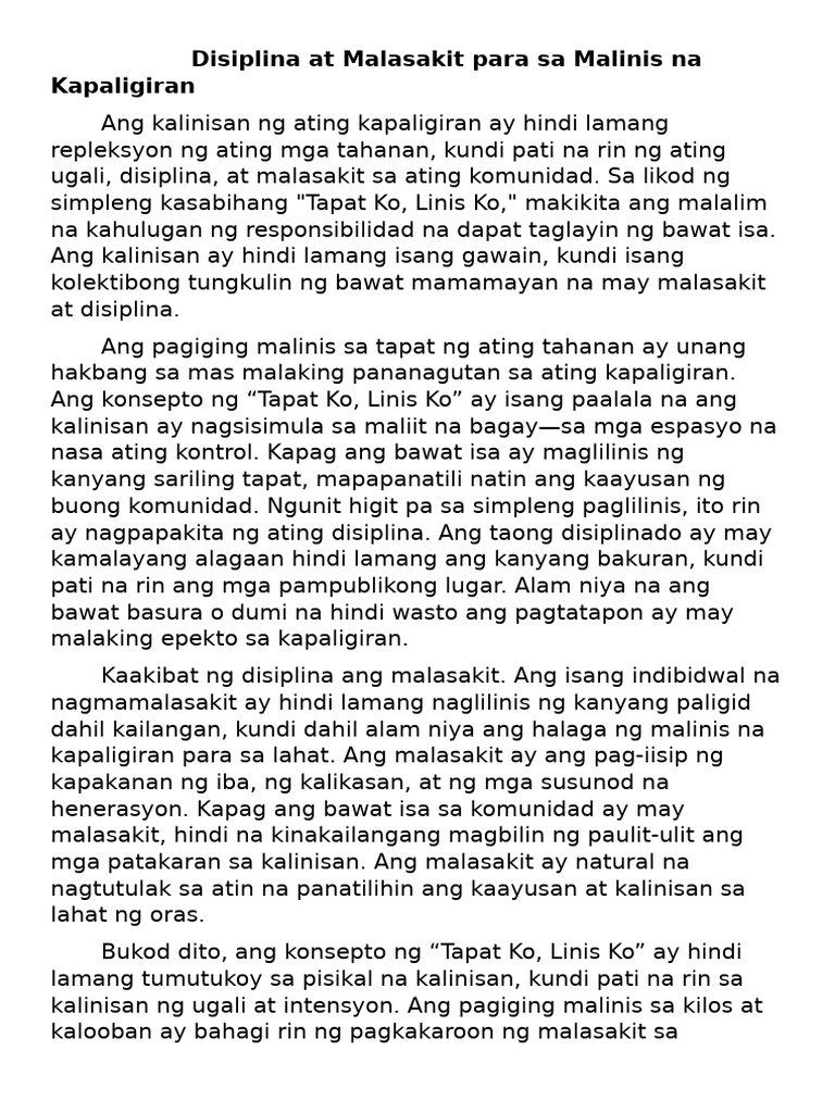 Disiplina at Malasakit para Sa Malinis Na Kapaligiran | PDF