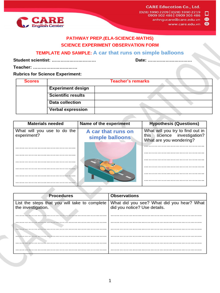 OBSERVATION FORM - A Car That Runs On Simple Balloons - Teens | PDF ...
