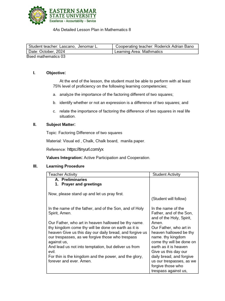 Lesson Plan: Factoring Difference of Squares | PDF | Lord's Prayer ...