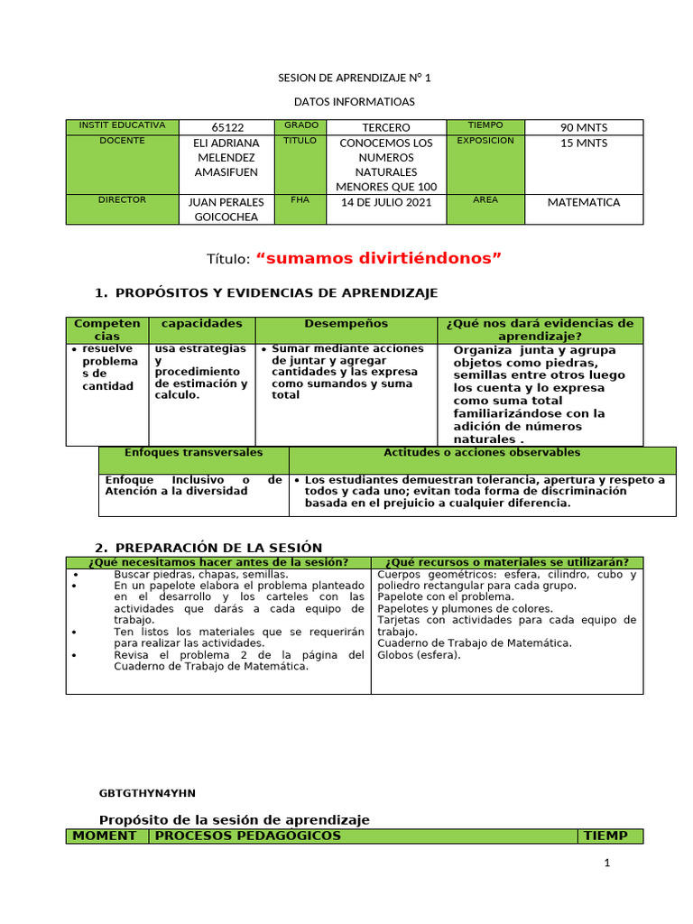 Sesión de Aprendizaje Primer Grado | PDF | Aprendizaje | Cognición