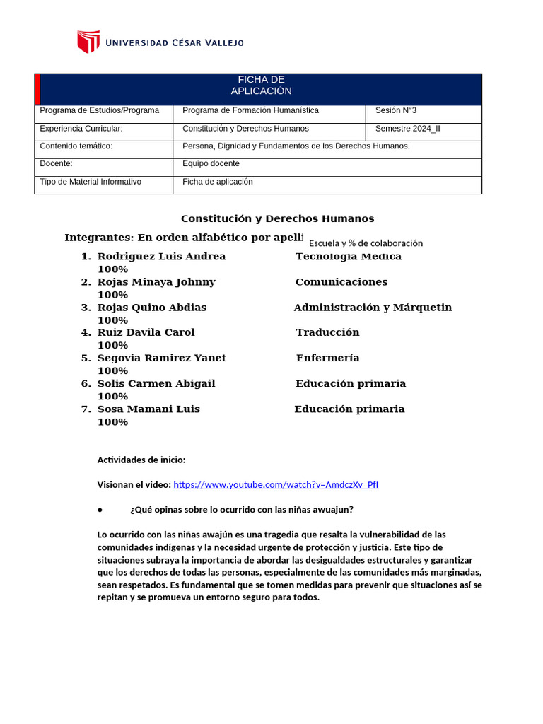 Ficha de Aplicación - 03 | PDF | Derechos humanos | Dignidad