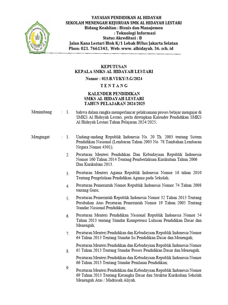 Kaldik SMK Alhidayah Lestari 2024-2025 PDF | PDF