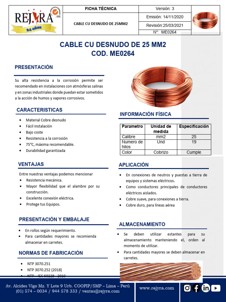 Ficha Tecnica Cable de Cu 25 Mm2 | PDF | Cobre | Conductor electrico