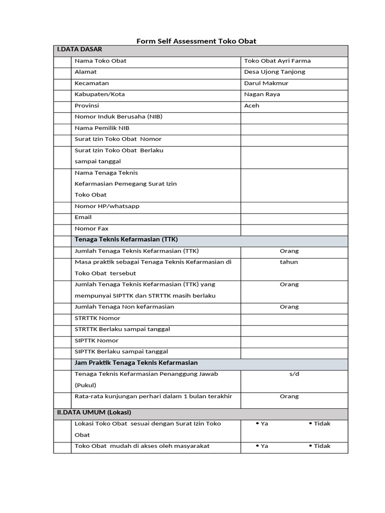 Form Self Assessment Toko Obat | PDF