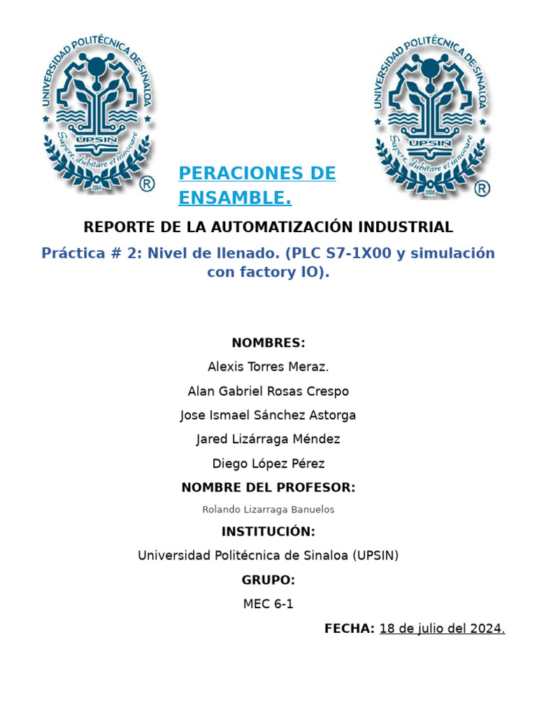 Práctica 2 Nivel de Llenado. (PLC S7-1X00 y Simulación Con Factory IO) . | PDF | Interfaz de ...