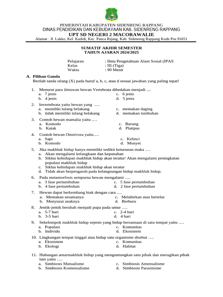 Soal Asas Ganjil IPAS Kelas 3 | PDF