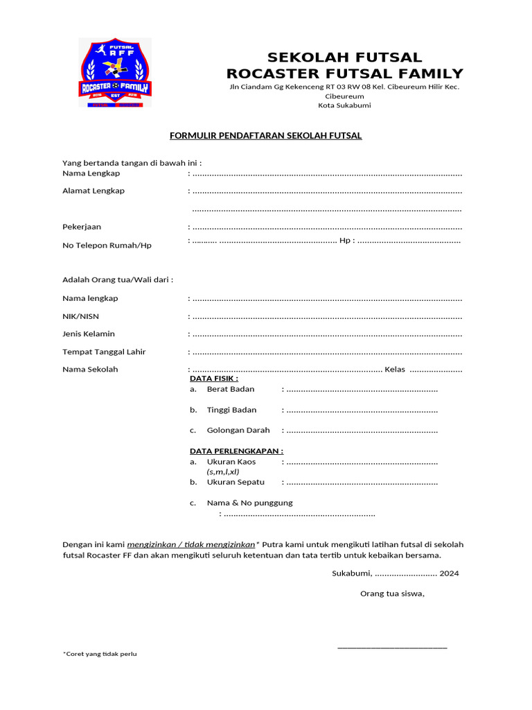 Formulir Pendaftaran Futsal Rocaster | PDF