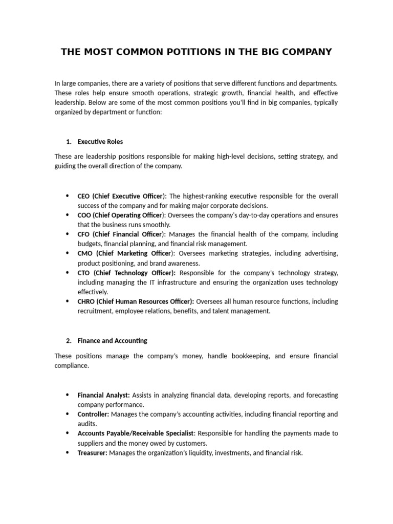 Common Positions in Large Companies | PDF | Human Resources | Supply Chain