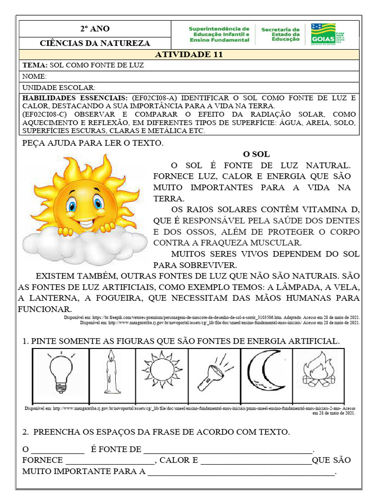 Atividade 11 - 2º Ano - Ciências-SOL COMO FONTE DE LUZ | PDF | Sol | Luz