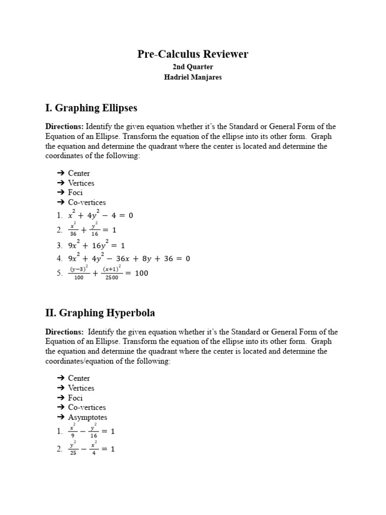 Q2 Pre-Calculus Reviewer | PDF | Ellipse | Elementary Geometry