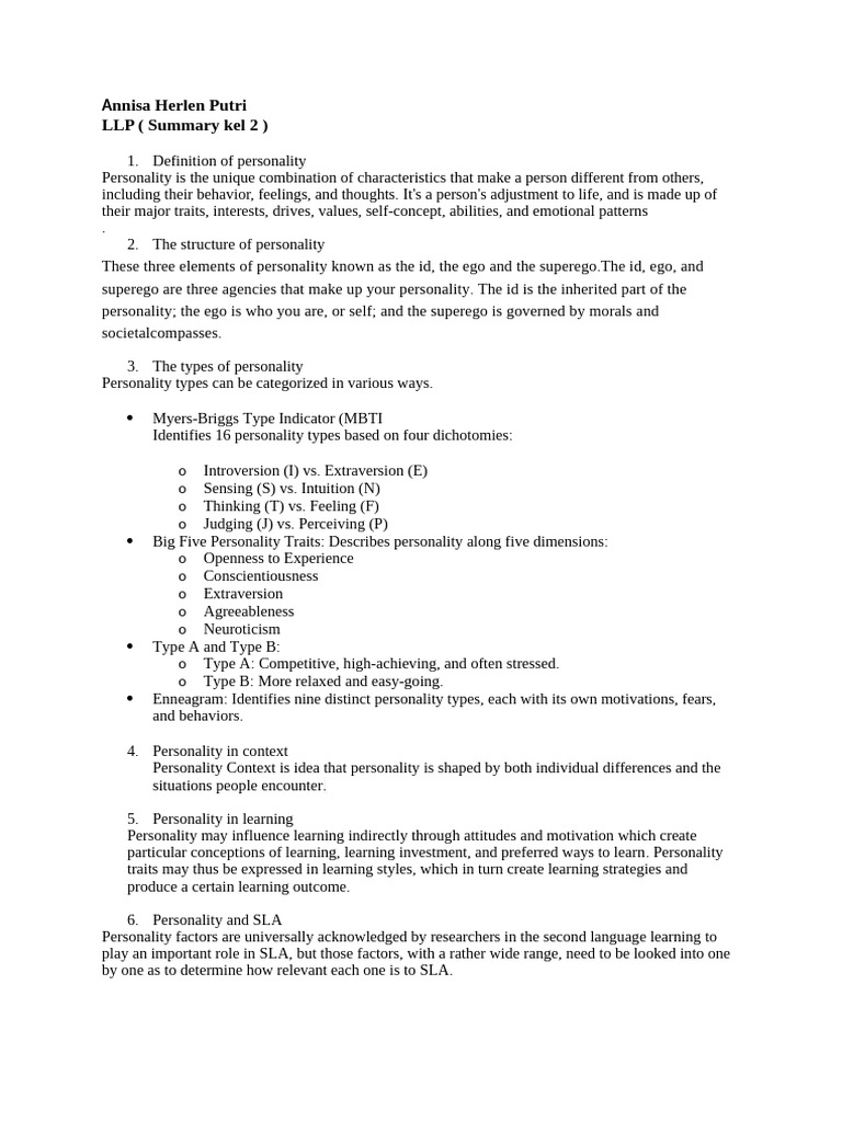 Summary Personality, Annisa Herlen Putri | PDF