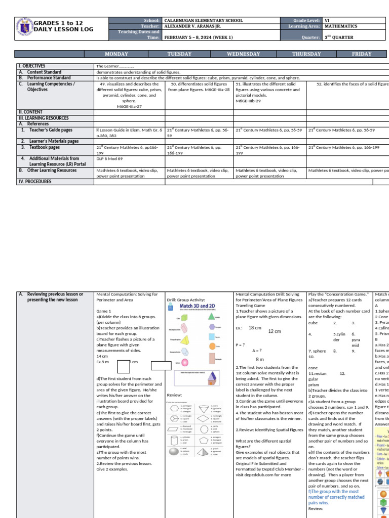 DLL Mathematics 6 q3 w2 | PDF | Shape | Area