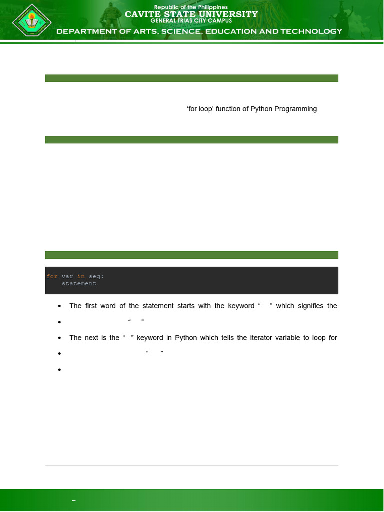 Dcit 22 Lesson 06 For Loop Pdf Control Flow Parameter Computer Programming