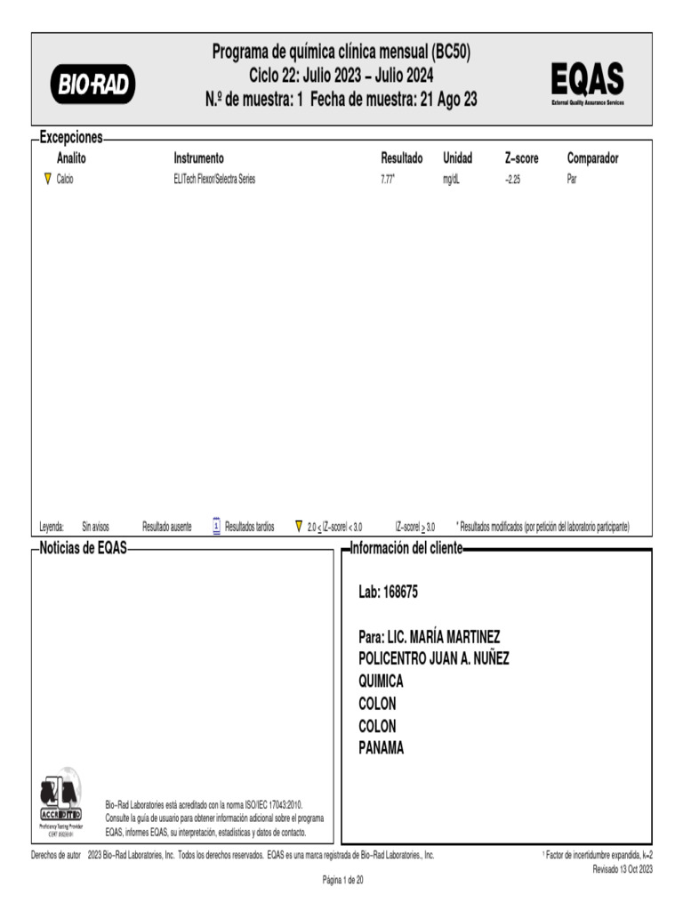 EQAS CICLO 22 MUESTRA 01 | PDF | Lípido