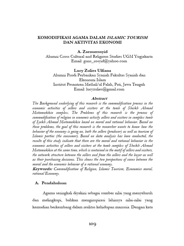 Komodifikasi Agama Dalam Islamic Turis Dan Aktivitas Ekonomi | PDF