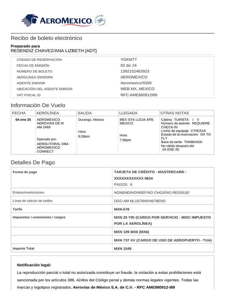 Recibo de pasaje electrónico, 04 enero para ANA LIZBETH RESENDIZ CHAVEZ ...