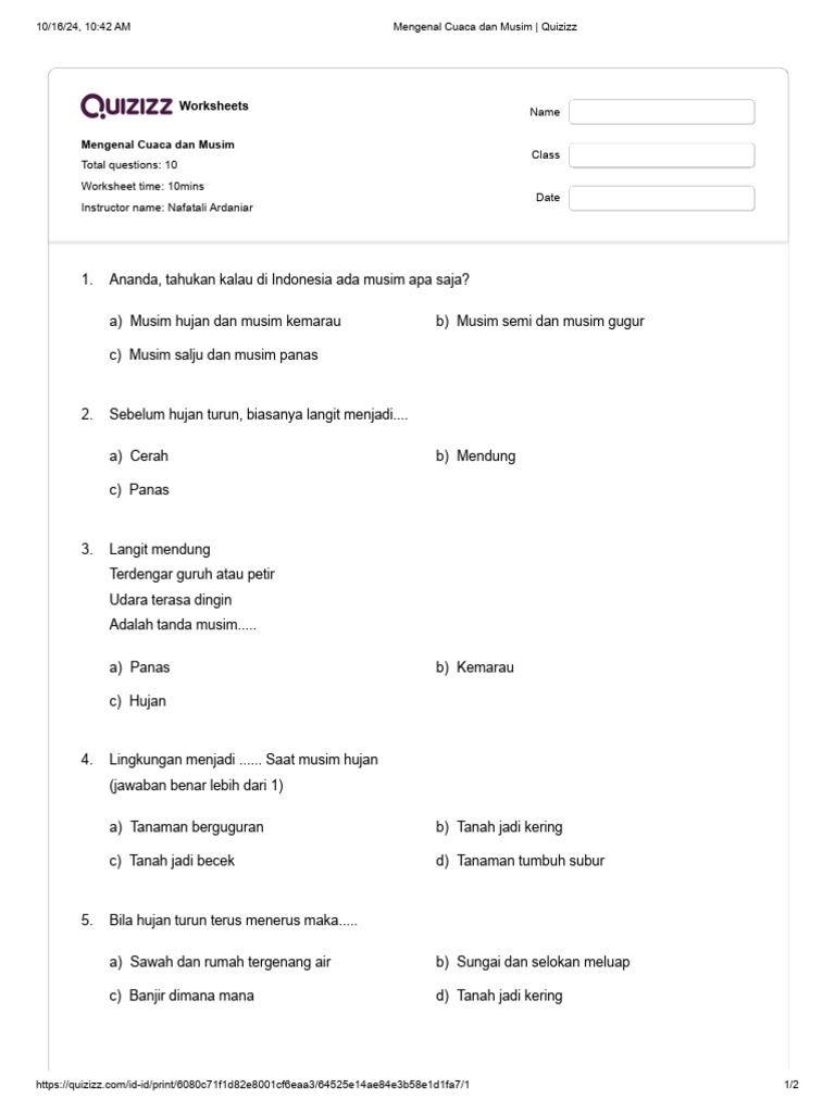 Quizizz - Mengenal Cuaca Dan Musim | PDF