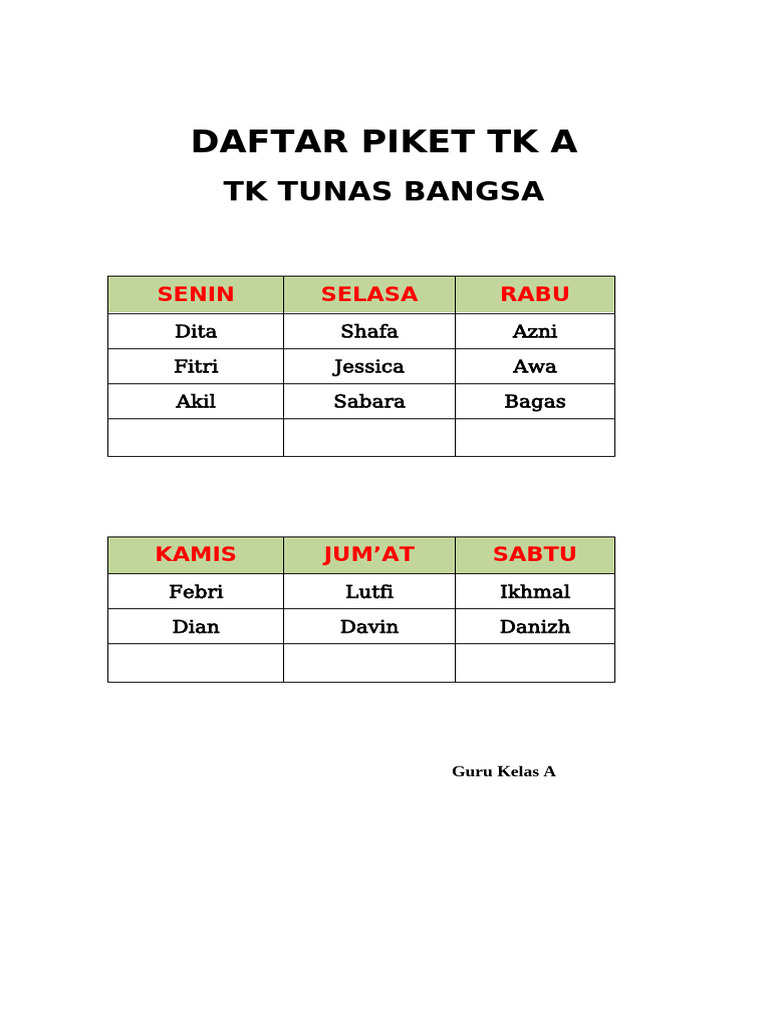 Daftar Piket TK A | PDF