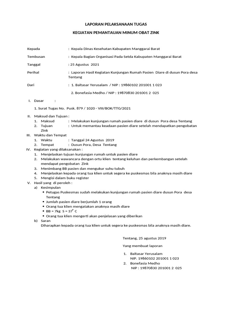 LAPORAN PELAKSANAAN TUGAS Diare Zink Agsts 2021 | PDF