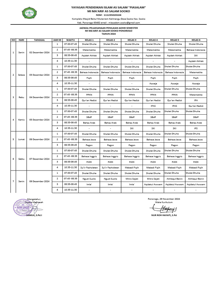 Jadwal Pelajaran MI As Salam | PDF