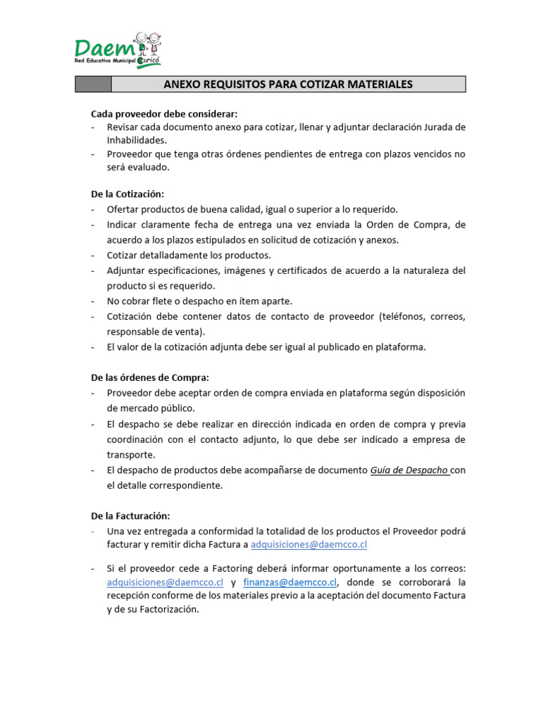 Anexo Requisitos para Cotizar ADQUISICIÓN de MATERIALES 2024 | PDF