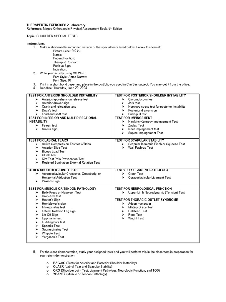 Shoulder Special Test Activity 1 | PDF | Shoulder | Human Anatomy
