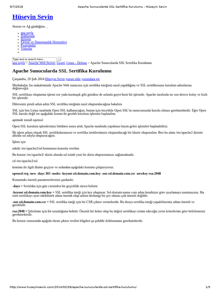 Apache Sunucularda SSL Sertifika Kurulumu - Hüseyin Sevin | PDF