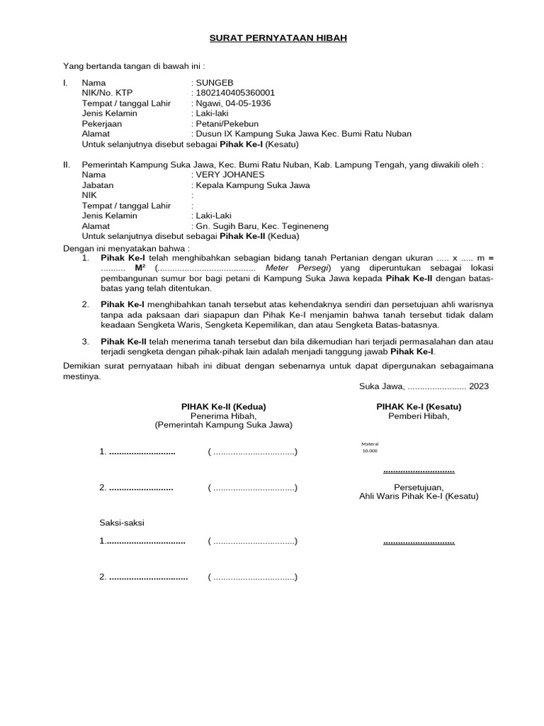 Form Pernyataan Hibah - Tanah Untuk Sumr Bor | PDF