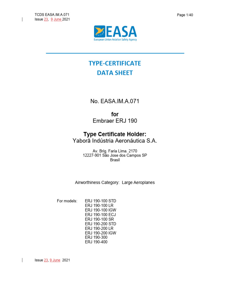 TCDS - EASA IM A 071 - ERJ - 190 - Issue-23 - Final | PDF | Aviation | Aircraft