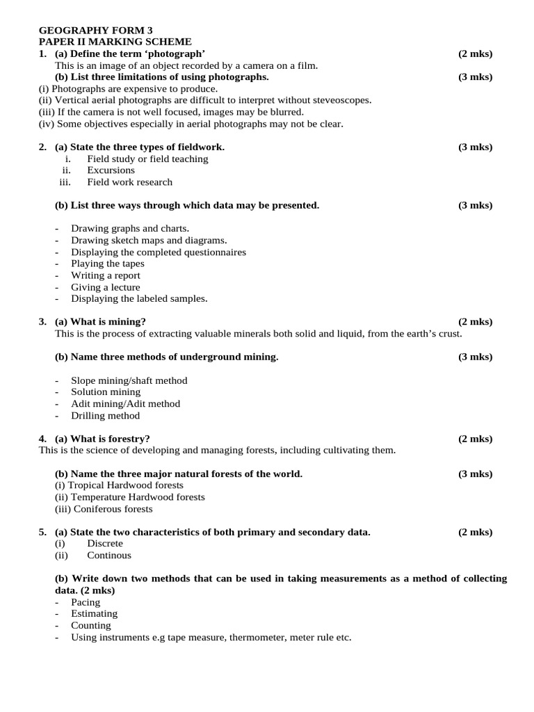 Geography Form 3 Paper 2 m Scheme Mod21042022001 | PDF | Forests | Rock ...