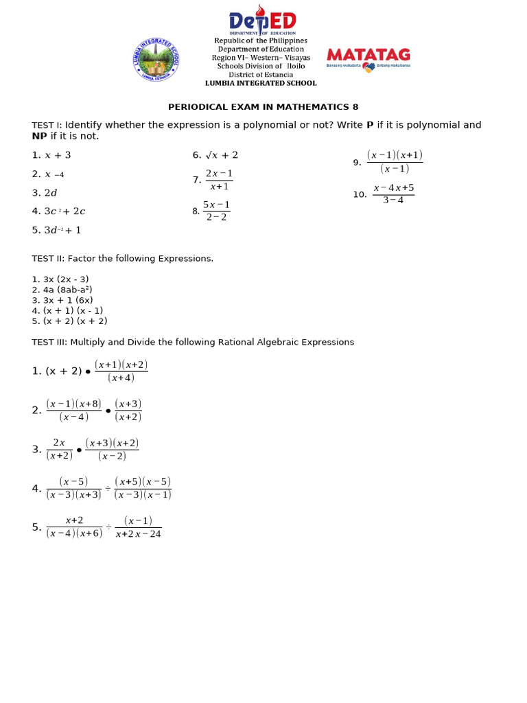 1ST Periodical Exam in Mathematics 8 | PDF