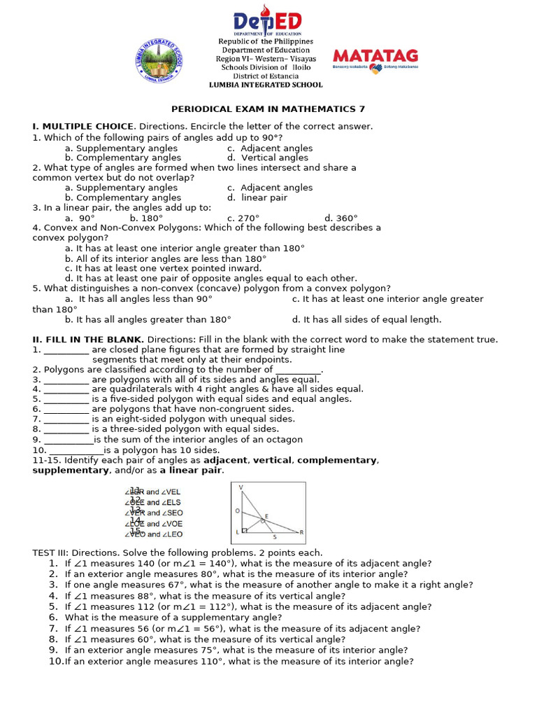 1ST Periodical Exam in Mathematics 7 | PDF | Polygon | Angle