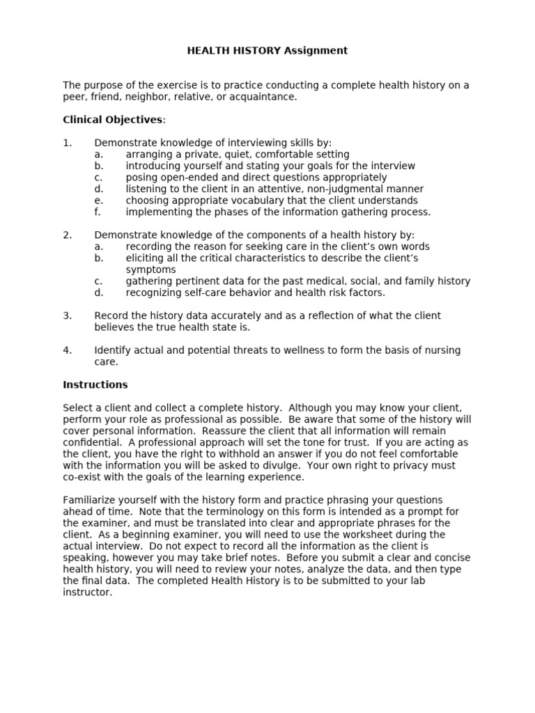 4 Health History Guidelines Take Home Assignment | PDF | Knowledge ...