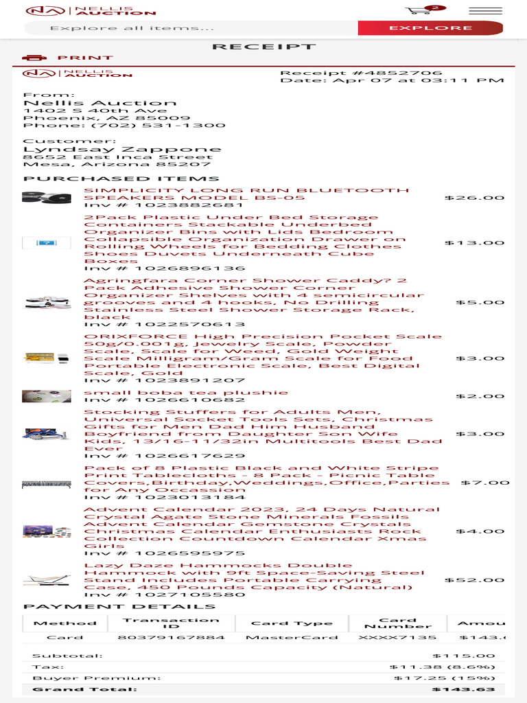 Nellis Auction Receipt Summary | PDF
