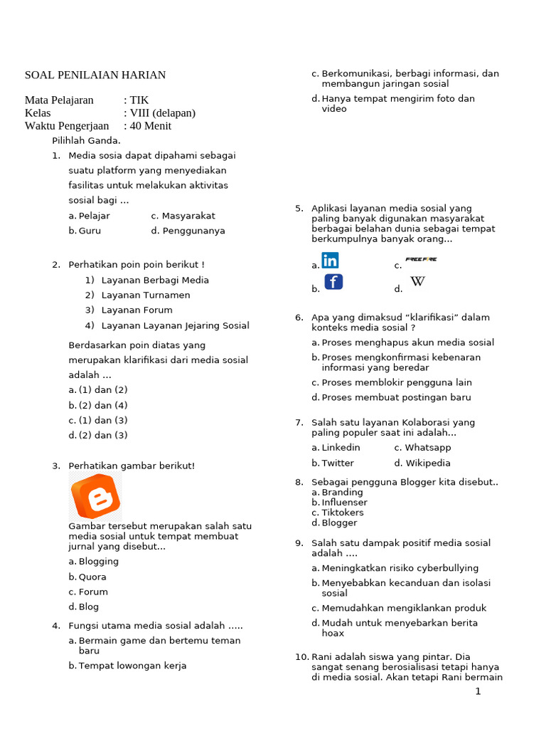 Soal PH Tik Bab 3 Kelas 8 | PDF