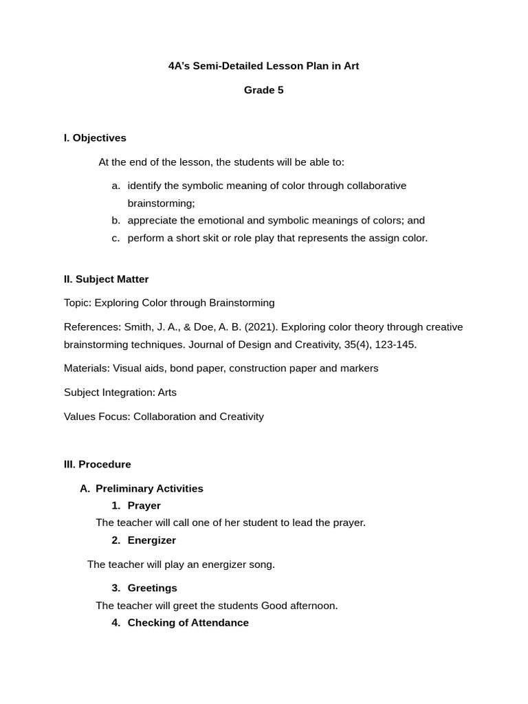 Lesson Plan en Edarts Final | PDF | Brainstorming | Lesson Plan