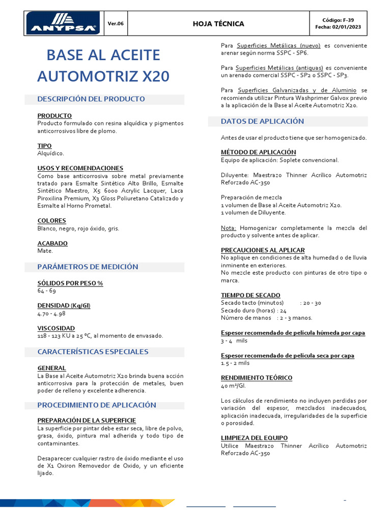 Base Al Aceite Automotriz X20. | PDF | Pintar | Materiales