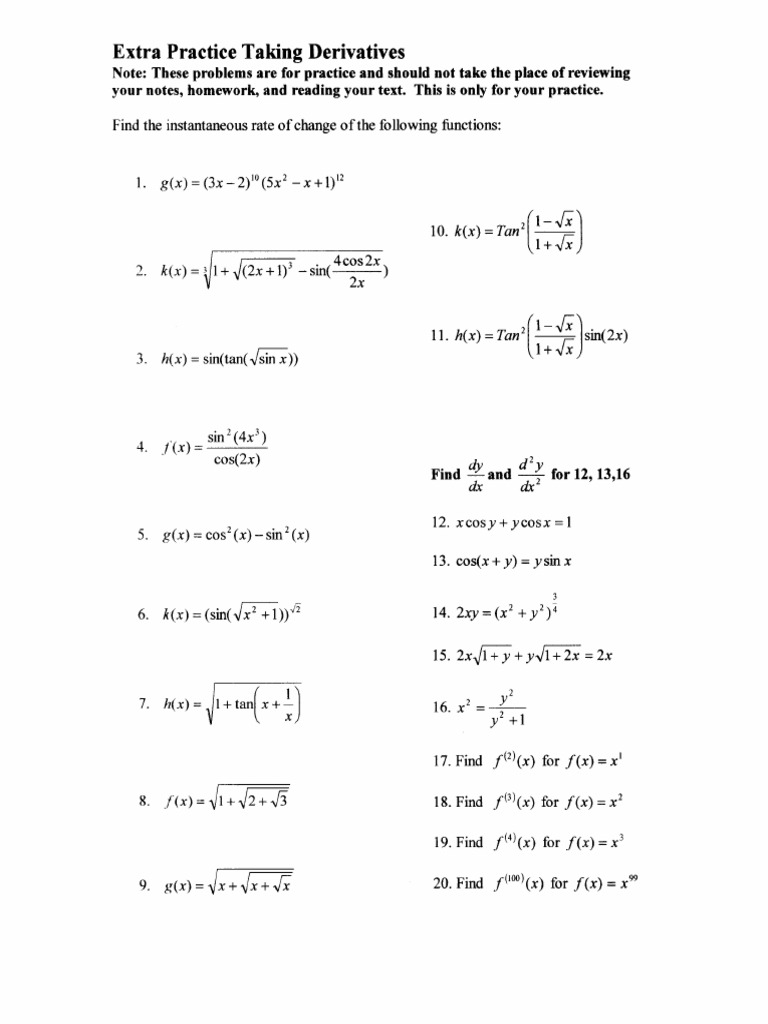 Derivatives Extra Practice Ws | PDF